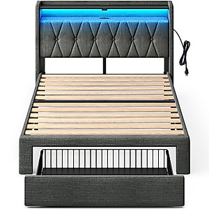 Rolanstar Twin Bed Frame with Drawer, Storage Headboard with Charging Station and LED Lights, Upholstered Bed with Heavy Duty Wood Slats, No Box Spring Needed, Noise Free, Easy Assembly, Dark Grey