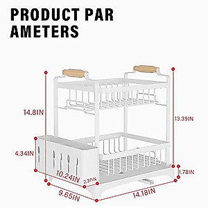 Alienustack Dish Drying Rack with Draining Plate, Dish Rack Cutlery Rack with Water Outlet, Stainless Steel Draining Rack for Kitchen Top - White
