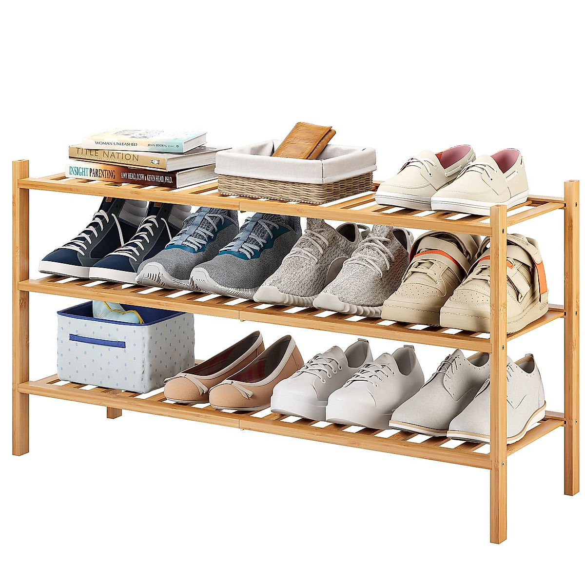 Furshus Long Shoe Rack, 3-Tier Bamboo Stackable Shoe Shelf Storage Organizer, Shoe Stand for Closet, Entryway and Hallway