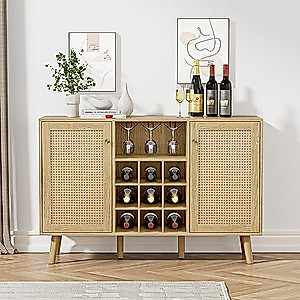 Giluta Rattan Wine Bar Cabinet 2-Door Farmhouse Liquor Cabinet with Wine Rack and Glass Holder, Rustic Oak Sideboard Buffet Storage, Modern Wooden Coffee Bar Cabinet for Living Dining Room Kitchen