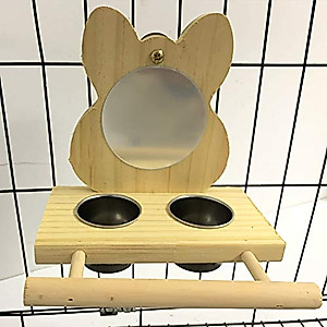 Hamiledyi Parrot Mirror Toy with Stainless Steel Feeding Cups Bird Wooden Frames with Cage Perch for Macaw African Greys Budgies Parakeet Cockatiels Conure Lovebird Finch