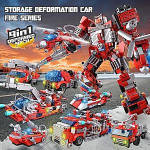 REMOKING Building Toys, STEM 9-in-1 Fire Truck Robot Building Block Model Kit Toy, Learning Educational 642 Pcs Building Bricks Gifts for Kids Boys Girls Ages 6 7 8 9 10 11 12 Years Old