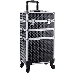 Adazzo 3 in 1 Professional Rolling Makeup Train Case Aluminum Trolley Case with 360° Rotation Wheels for Makuep Artist Cosmetic Suitcase Organizer with Lock and Key Diamond Pattern - Black