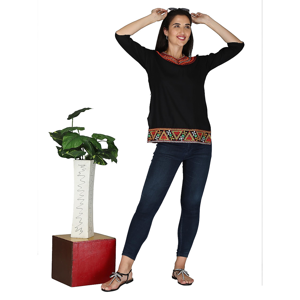 MESMERIICAL Women's Embroidered Cotton Short Kurti (Large, Black)