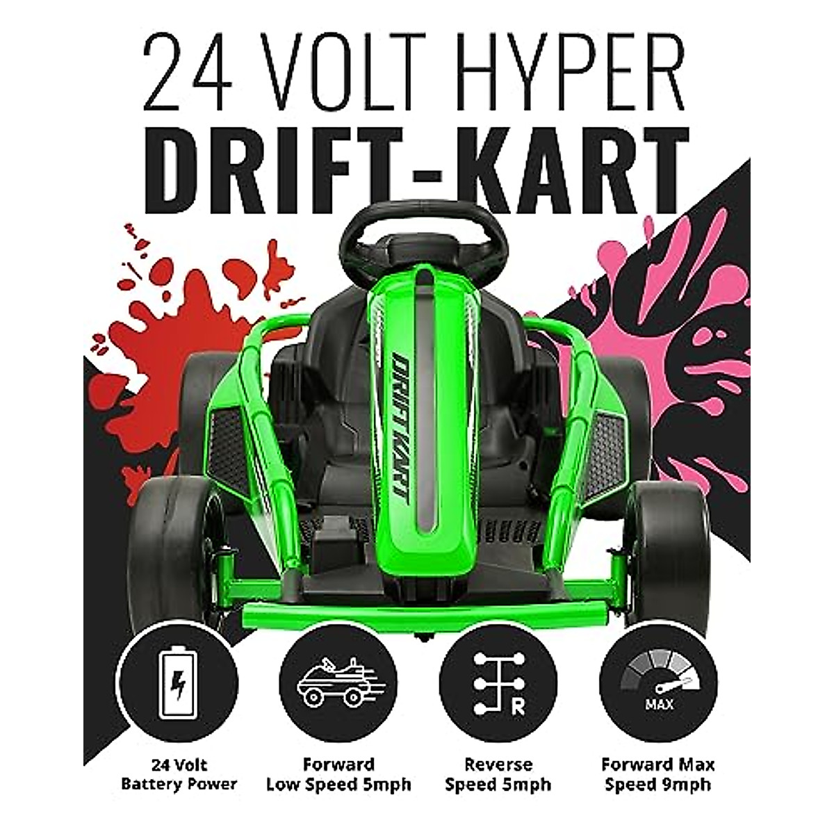Hyper 24V Ride-On Electric Go Kart for Kids 8-14 Years, 3-Speed Setting with Drift Kart Mode, Foot Accelerated Pedal, Up to 9MPH Speed, 154 Lbs Max Weight, Ergonomic Seat & Sturdy Steel Frame, Green