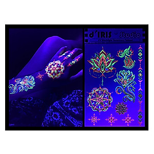 Temporary Tattoos for Glow Party UV Blacklight – 1 Sheet Lotus Floral Body Paint Art Light Festival Accessories Glow in the Dark Makeup | 7.2” x 5.2” Temp Great for EDM EDC Party Rave Parties