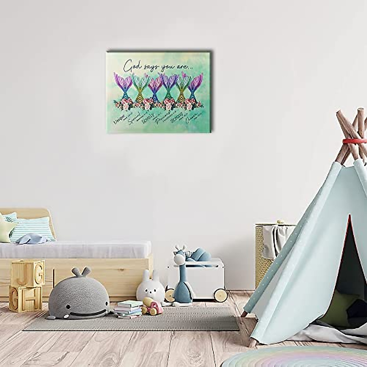 Mermaid Tail Wall Art Little Girls Inspirational Room Decor God Says You Are Canvas Prints Painting Motivational Teal Bathroom Pictures Framed Artwork Gifts Office Home Decorations for Bathroom Bedroom Dining Living 16"x12"