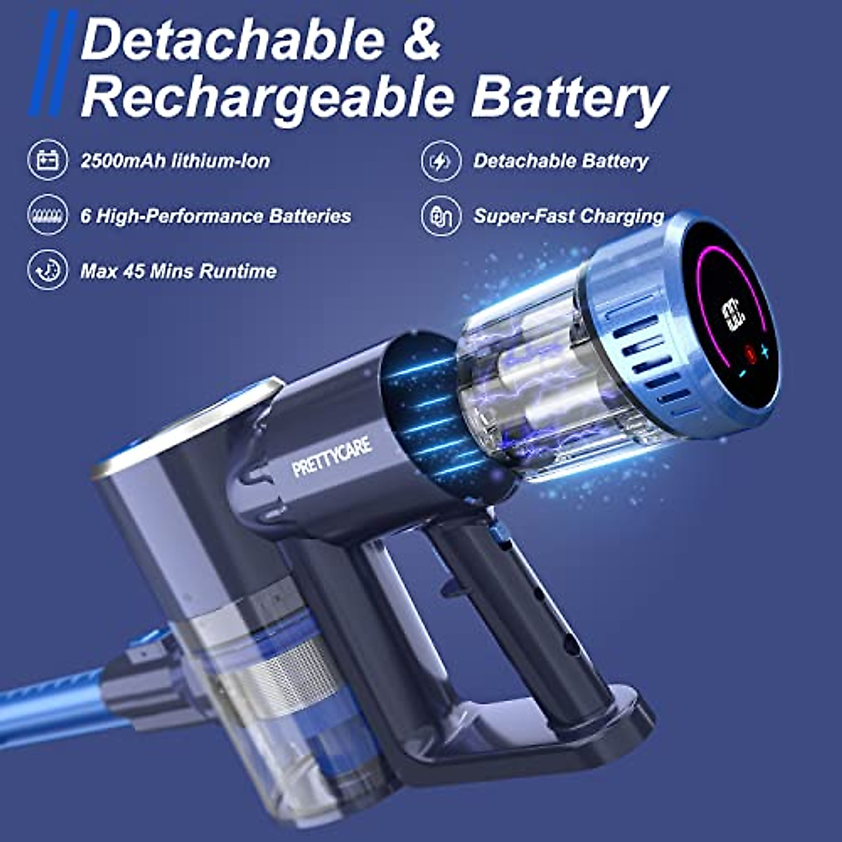 PRETTYCARE Cordless Vacuum Cleaner, 30Kpa Powerful Stick Vacuum with Brushless Motor, LED Touch Display, 45 Mins Long Runtime, Self-Standing Lightweight Vacuum for Hard Floor Carpet Pet Hair, P3