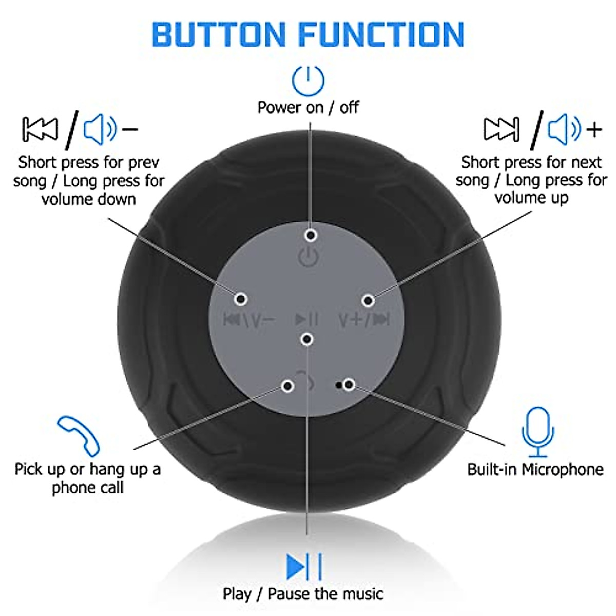 Annlend Waterproof Bluetooth Shower Speaker Portable Wireless Water-Resistant Speaker Suction Cup,Built-in Mic Gifts for Kids Speakerphone for iPhone Phone Tablet Bathroom Kitchen - Black