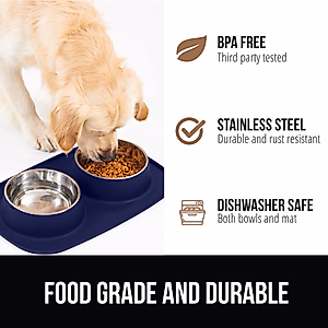 GORILLA GRIP 100% Waterproof BPA Free Cat and Dog Bowls Silicone Feeding Mat Set, Stainless Steel Bowl Slip Resistant Raised Edges, Catch Water, Food Mess, No Spills, Pet Accessories, 1 Cup, Navy