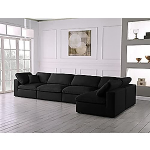 Meridian Furniture Plush Collection Contemporary Down Filled Cloud-Like Comfort Overstuffed Velvet Upholstered Modular L-Shaped Sectional, 5-Seater, Semi-Armless, Black
