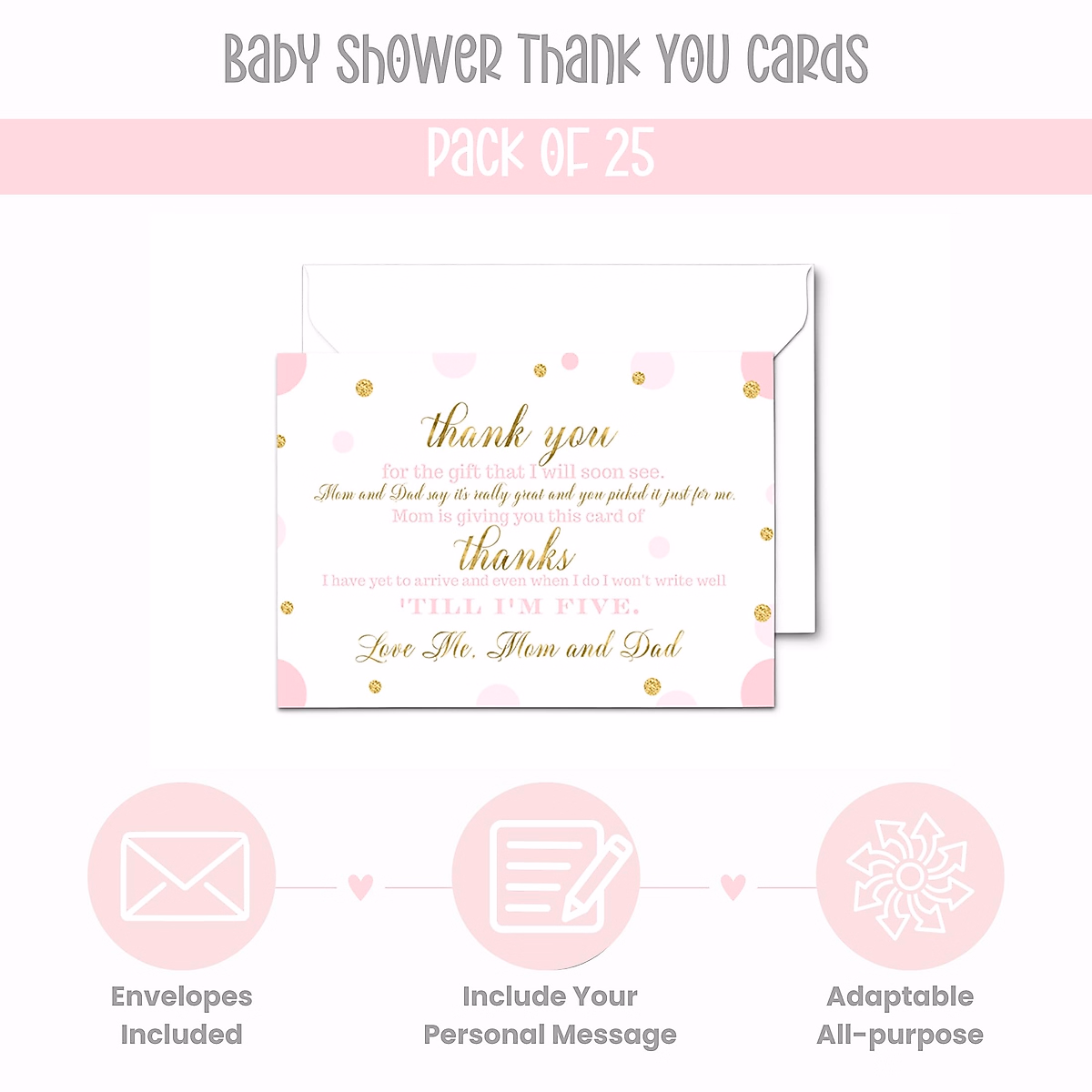 Paper Clever Party 25 Pink and Gold Baby Thank You Cards Pack – Cute Baby Shower Notes with Envelopes, Prefilled Message, Customizable Blank Stationery, Princess Theme, New Parents Gift Ideas