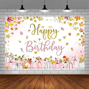 AIBIIN 7x5ft Happy Birthday Backdrop for Sweet Grils Fall Birthday Party Decorations Blush Pink Pumpkins Gold Glitter Maple Leaf Photography Background Bday Banner Photo Shoot Props