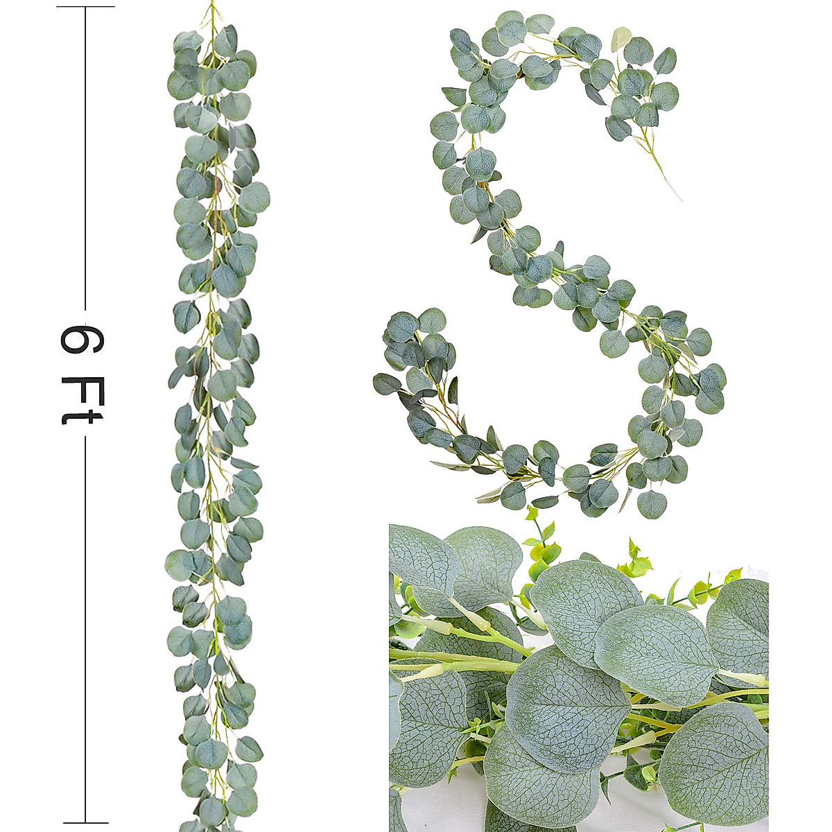 Artiflr 3Pack Artificial Eucalyptus Garland, 6 ft Faux Silk Eucalyptus Leaves Vines Handmade Garland Greenery Wedding Backdrop Arch Wall Decor