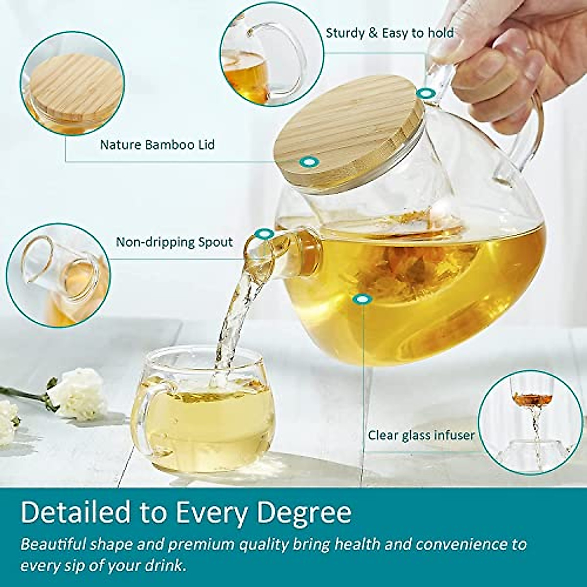 34oz/1000ml Glass Teapot with Glass Tea Infusers, Glass Tea Kettle for Loose Tea, with Removable Clear Infusers for Blooming Flower Tea, Ideal Tea Sets for Women, Tea Maker Gift