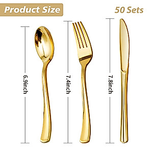 Goodluck 150 Gold Plastic Silverware, Gold Utensil Disposable, Plastic Cutlery Set of 50 Gold Forks, 50 Gold Spoons, 50 Gold Knives for Wedding, Party