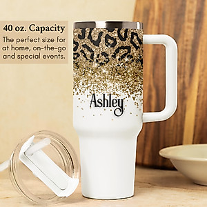 Personalized 40 oz Tumbler With Handle And Straw Lid Cheetah Print Glitter - Leopard Print Stainless Steel Insulated Travel Mug – Tumbler Gift For Women Mom Friend Teacher Nurse Her Birthday Christmas