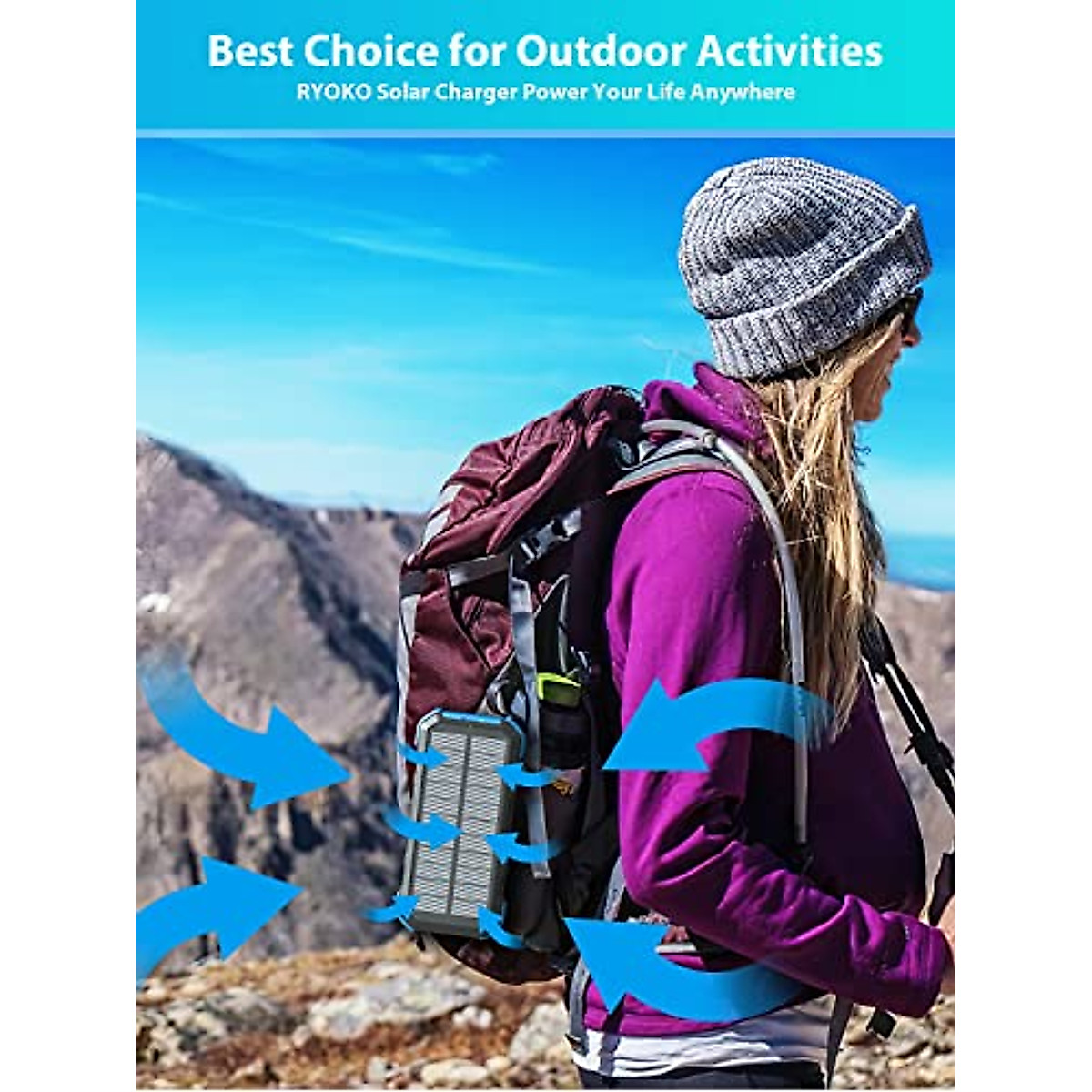 Ryoko Solar Charger Power Bank, 30000mAh Solar Phone Charger with 10W Wireless Charging, Dual USB & Type-C Port, QC 18W Fast Charging Power Bank for iPhone, Samsung, Tablet