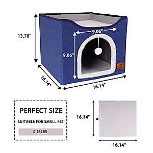 Elevon Cat Beds for Indoor Cats, Foldable Cat House Suitable for All Seasons, Cat Cube Apartment with Cat Scratch Board and Reversible Cushion, Suitable for Multi Small Pet Under 20 lbs, Blue