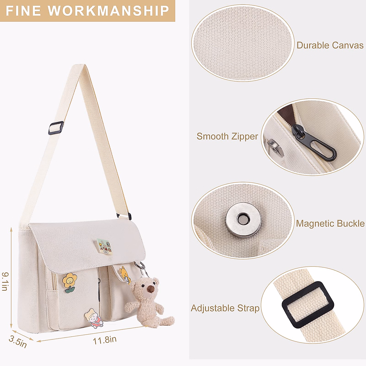 Canvas Crossbody Bag with Kawaii Pins and Pendent for Women Casual Shoulder Messenger Bag Ladies Canvas Shoulder Bag