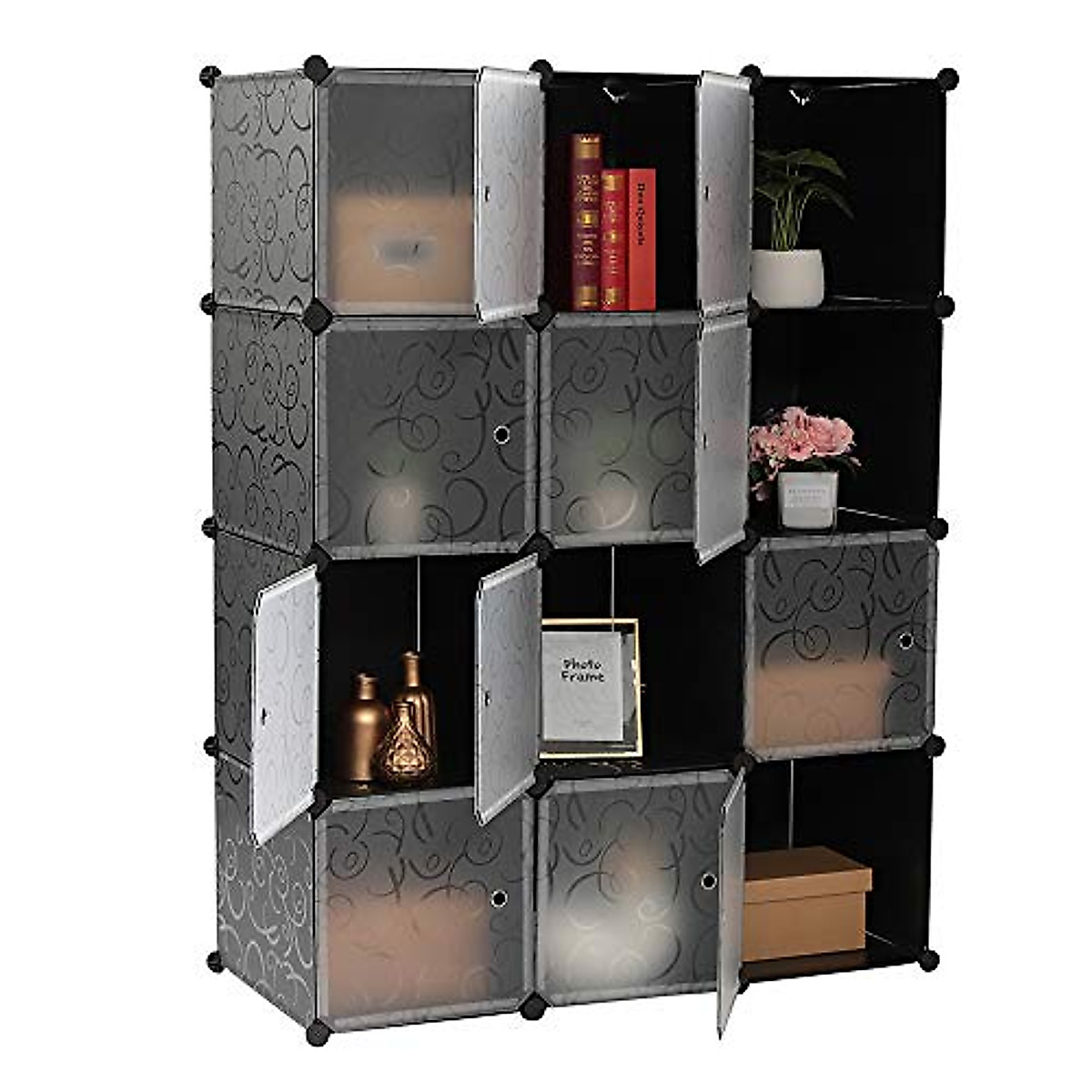 VINGLI Cube Storage, 12 Cube Organizer Shelves, Plastic Closet Cabinet, DIY Modular Storage Cube Organizer with Doors for Bedroom Living Room Office, Black