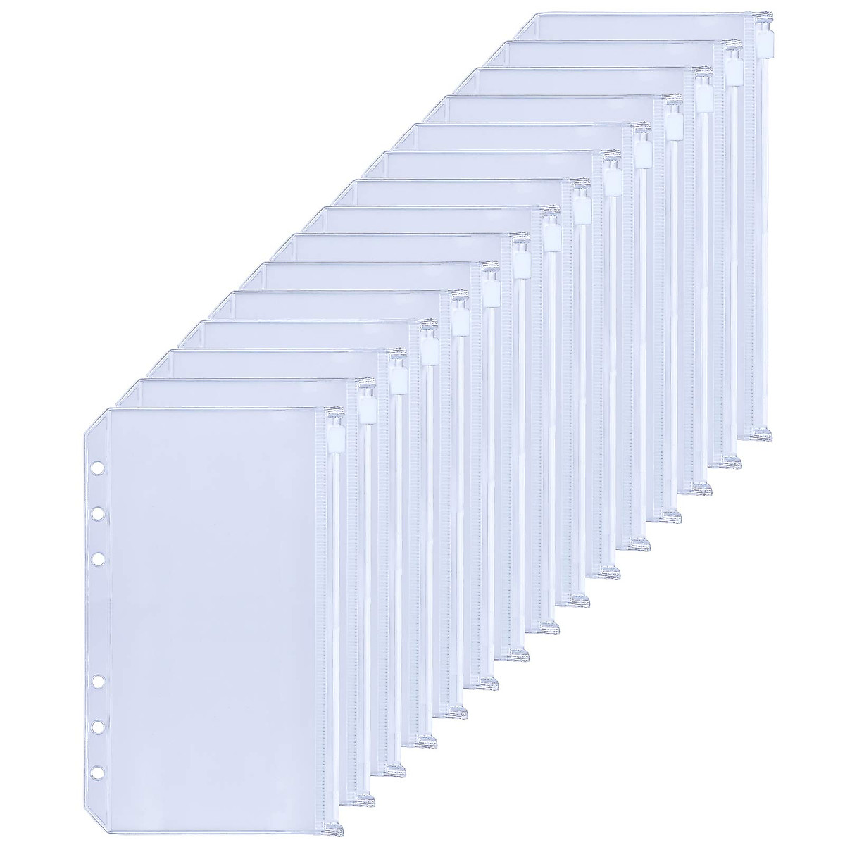 HAUTOCO 15PCS A6 6-Holes Binder Pockets Clear PVC Binder Envelopes Zipper Binder Pouches for A6 Notebook Binder, Waterproof Cash Budget Envelopes