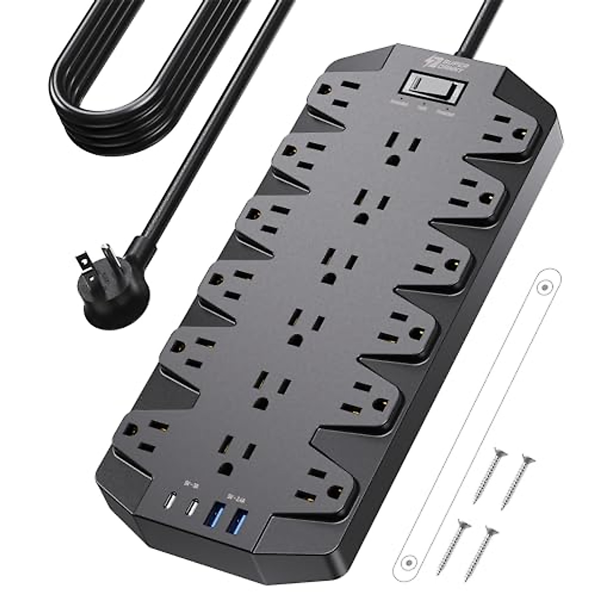 Mountable Power Strip, SUPERDANNY 6-Outlet Surge Protector, 9.8 Ft Extension Cord, 900 Joules, Overload Switch, Multiple Protections, Mountable, Desktop Charging Station for Home, Office, Black