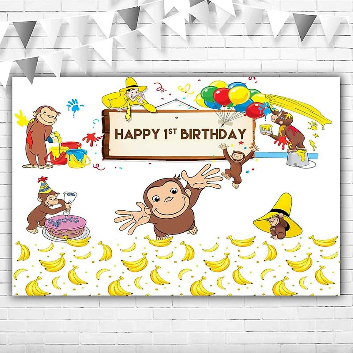 Curious George Backdrop 1st Birthday 5x3ft Yellow Banana Happy 1st ...