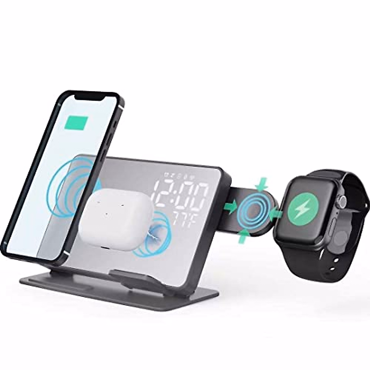 Tech Starving's 3 in 1 Wireless Charger with Clock/Alarm—Fast Charging—For iPhone 14/13/12/11/XS/X/8—Apple Watch Series—AirPods & Samsung Phone Series