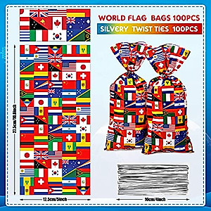 100 Pcs International Flag Candy Party Bags World Country Flags Treat Bags Patriotic Cellophane Bags Travel Goodie Bags for Soccer Sports Beer Festival Events Celebration School Party Decorations
