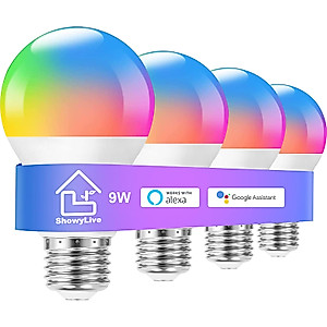 ShowyLive Smart Light Bulb 4 PK, WiFi & Bluetooth 5.0 Smart Bulbs That Work with Alexa & Google Assistant, A19 RGB, Music Sync, 9W 850LM CRI>80