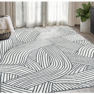 Abani Nuevo Collection Area Rug -Cream/Charcoal Modern Lined Design -7'9" x 10'2" - Easy to Clean - Durable for Kids and Pets - Non-Shedding - Medium Pile - Soft Feel for Living Room, Bedroom & Office