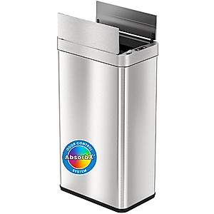 iTouchless 18 Gallon Wings Open Lid Sensor Trash Can with AbsorbX Odor Filter & PetGuard, 68 Liter Automatic Stainless Steel Kitchen Garbage Bin for Under the Counter & Tight Space , Silver