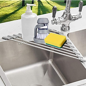 SHUYUE Triangle Dish Drying Rack for Sink Corner Roll Up Dish Drying Rack Folding Stainless Steel Multipurpose Over The Sink Corner Dish Drainer Mat for Kitchen (Grey)