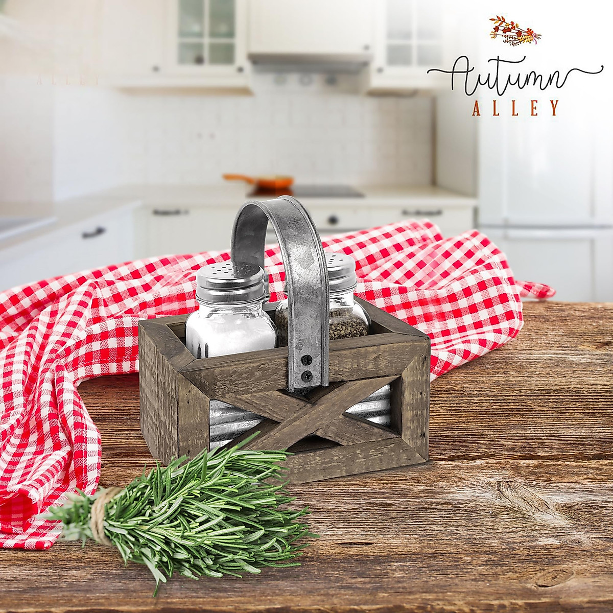 Autumn Alley Barn Door Rustic Salt and Pepper Shakers Set in Wood and Galvanized Caddy | Farmhouse Salt and Pepper Shakers For Rustic Kitchen Decor | Rustic Kitchen Accessory for your Country Kitchen