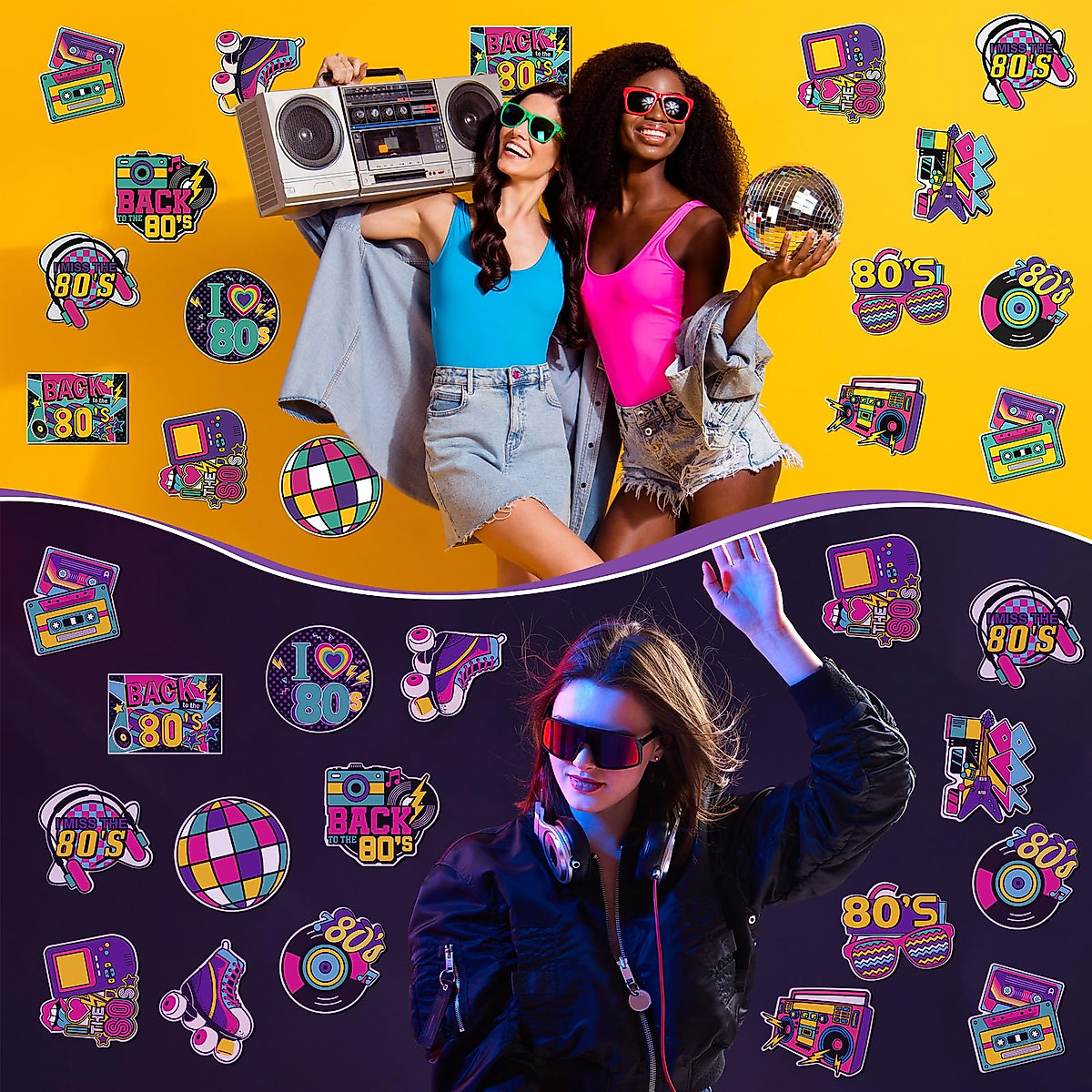 Seajan 60 Pcs Back to The 80s Party Decoration Cutouts Accents Retro 1980s Hip Hop Cutouts Radio Roller Skating Cassette Tape Cutouts Throwback Birthday Party Neon Party Rock Hippie Party Supplies