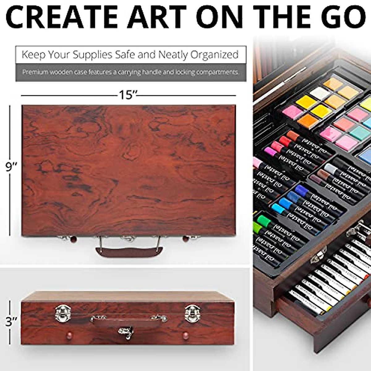 Norberg & Linden Art Supplies, XXL144 Art Set in Deluxe Wooden Box with Drawer Includes Crayons, Oil Pastels, Watercolor Paints, Colored Pencils, Sharpener, Sketch Pad for Adults and Kids