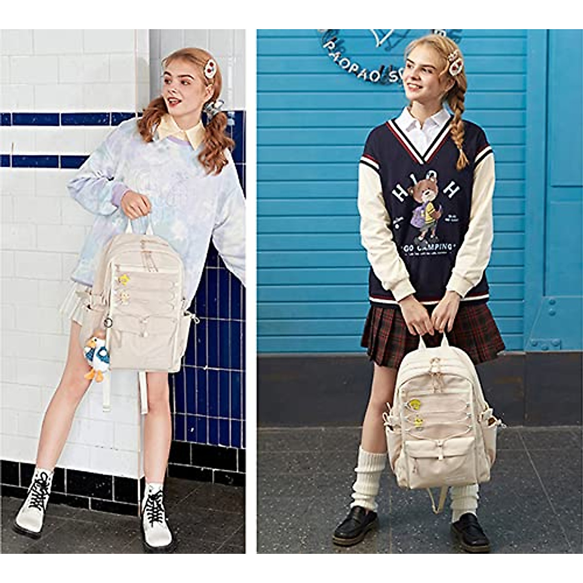 Woyiyaan Laptop Backpack for Women Girls 15.6 Inch Mesh School Bag, Unisex Student Bookbag Waterproof Backpack for College Work Travel,Beige