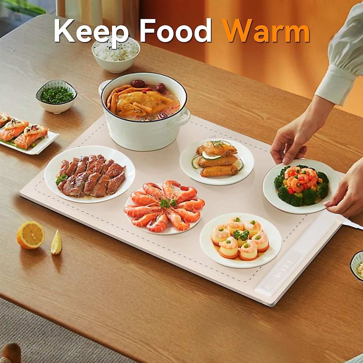 Electric Warming Tray for Food, Full Surface Heating Portable Food Warmer Mat 3 Temperature Settings, Foldable Silicone Heating Mat for Buffet, Gatherings, Parties, Beige