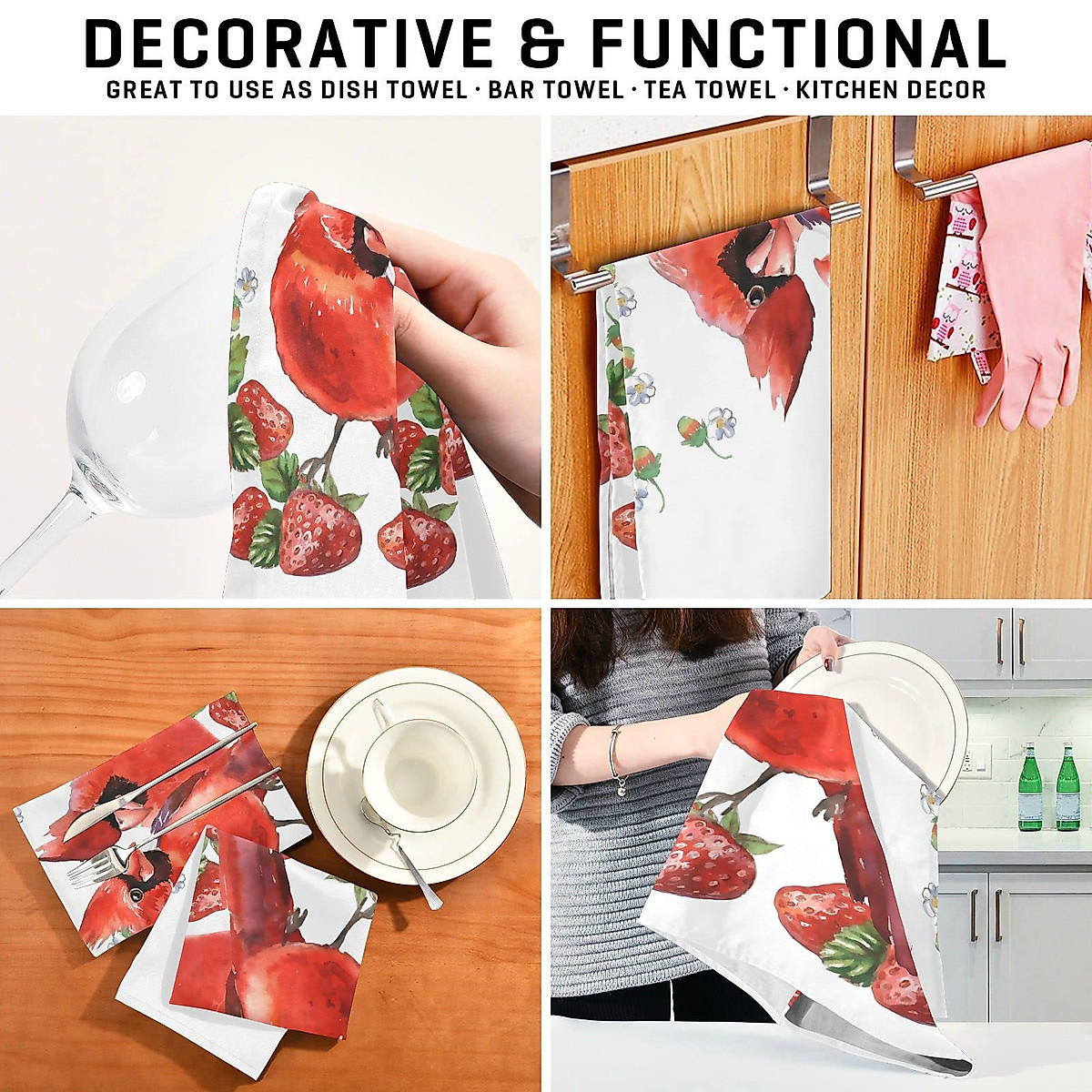 Summer Tropical Strawberries Kitchen Towel Set Cardinal Birds Dish Towel Set of 1 Tea Towels Large 28''x18'' Multi-Purpose Washing Cloth Home Decorative Lint-Free Dishcloths for Restaurant Household