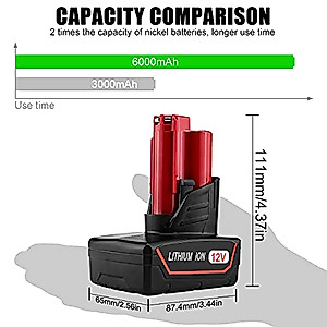 Energup 12V 6Ah 2Pack Battery for Milwaukee 12-Volt Battery M12 for Milwaukee 48-11-2440 48-11-2411 48-11-2410 + 48-59-2401 12Volt Milwaukee M12 Battery Charger