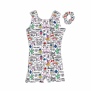 Destira Gymnastic Unitards for Girls with Matching Scrunchie, Unicorn Doodles - Biketard Athletic Wear, Gymnastics, Dance, Cheer, & More, Child Small (6x)