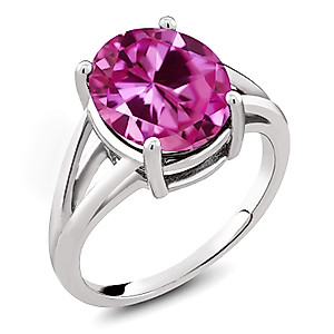 Gem Stone King 925 Sterling Silver Pink Created Sapphire Ring For Women (7.50 Cttw, Gemstone September Birthstone, Oval 12X10MM, Available In Size 5,6,7,8,9)