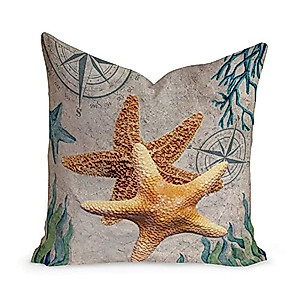 Vintage Beach Sea Life Starfish Throw Pillow Cushion with Zippe Nautical Sofa Pillows Sea Turtle Sea Life Farmhouse Throw Pillow Case for Sofa Living Room White Linen 22x22in Housewarming Gift