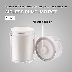 USRommaner 2 Pack 3.34 oz Airless Pump Jar,Empty Acrylic Vacuum Jar with Press Pump,Portable Travel Face Cream Lotion Container Pot for Makeup,Essence,Moisturizer,Eye Cream,Gel-Big,White