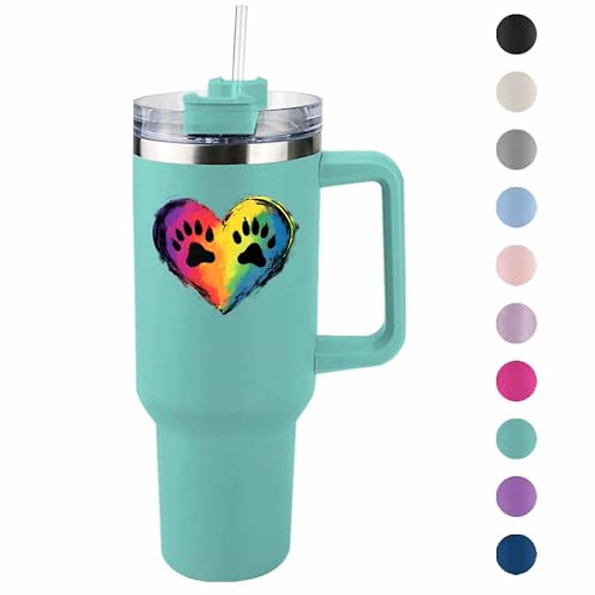 40 ounce insulated cup with handle, double-layer vacuum stainless steel material, equipped with straw, can keep warm or maintain cold drinks Love Rainbow Paw Animal 2 Lake Green
