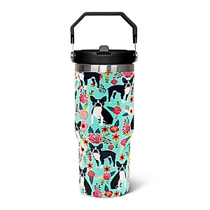 Boston Terrier Gifts Boston Terrier Tumbler with Handle and Straw, Stainless Steel Vacuum Insulated Flip Straw 30 oz Spill Proof Coffee Travel Mug Boston Terrier Lovers Gifts