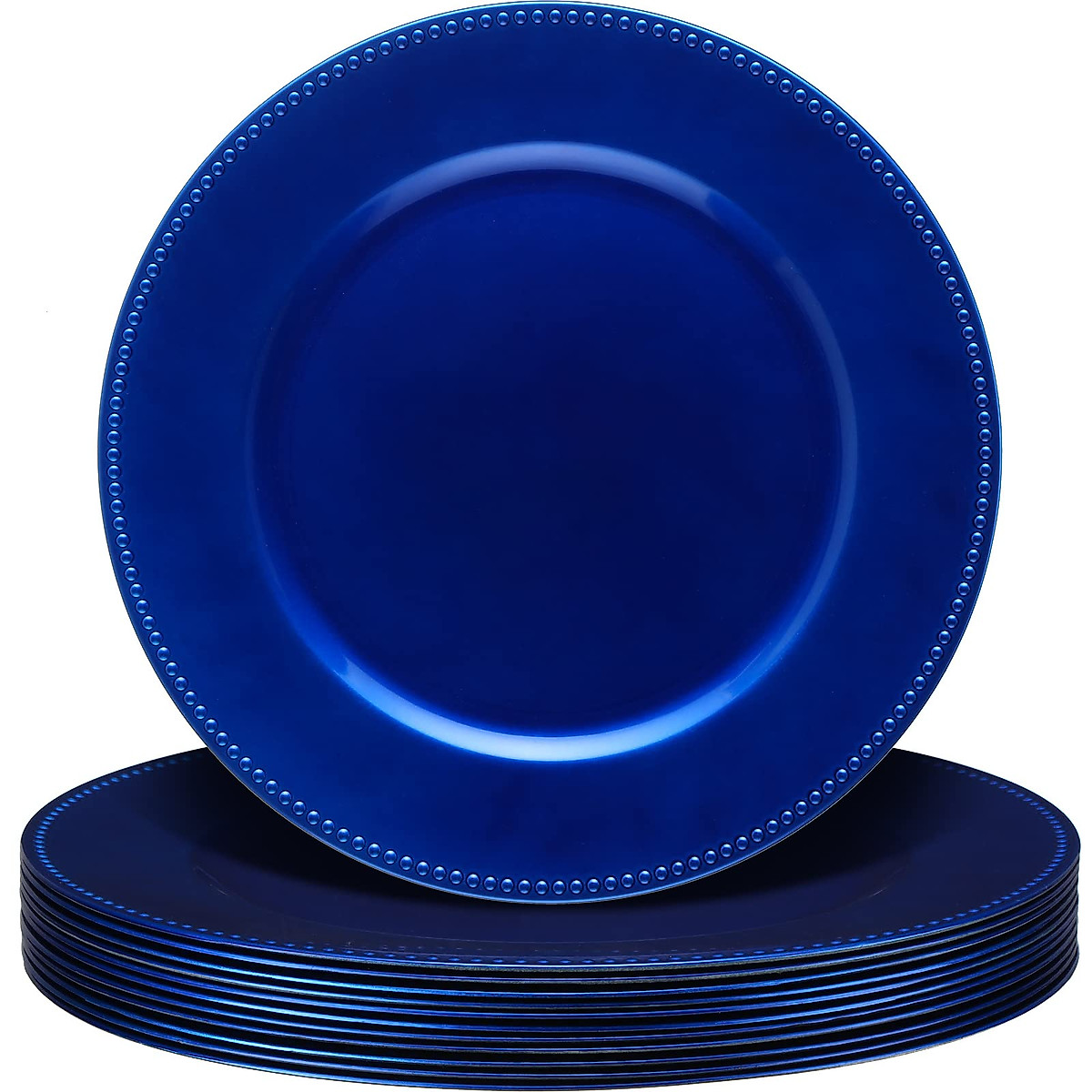 Gerrii 12 Pcs Metallic Bead Charger Plates 13 Inch Plastic Round Charger Plates Bulk Wedding Beaded Chargers for Dinner Plates, Table Party Event Decoration (Navy Blue)