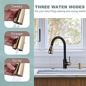 Black and Gold Kitchen Faucet with Soap Dispenser, WOWOW Stainless Steel Kitchen Sink Faucet Single Handle High Arc Utility Sink Faucet for Sink, RV, Laundry, Bar