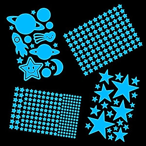 Glow in The Dark Stars for Ceiling,359Pcs 3D Glowing Star Removable Self-Adhesive Wall Decals,Moon, Rocket and Planets Wall Stickers for Girls Boys Kids DIY Bedding Room Bedroom Décor (Blue)